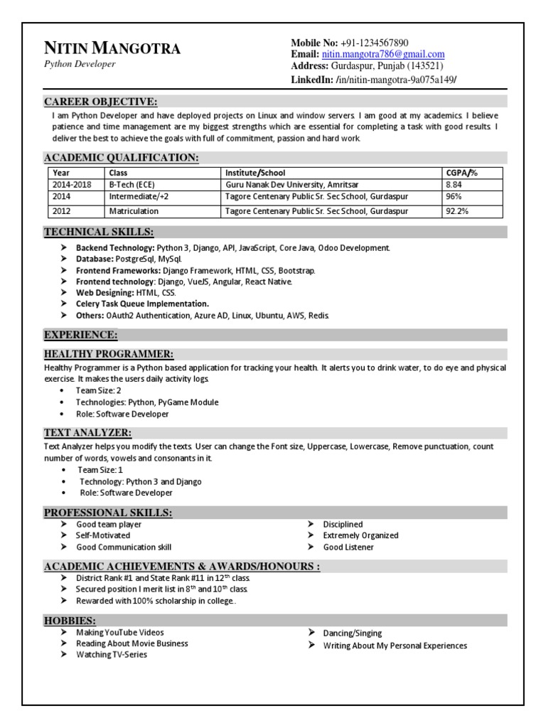 Nitin Resume Yt Fresher | PDF | Python (Programming Language) | Computer Engineering