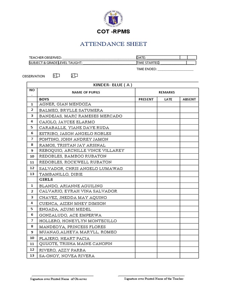 Cot RPMS Attendance Sheet | PDF