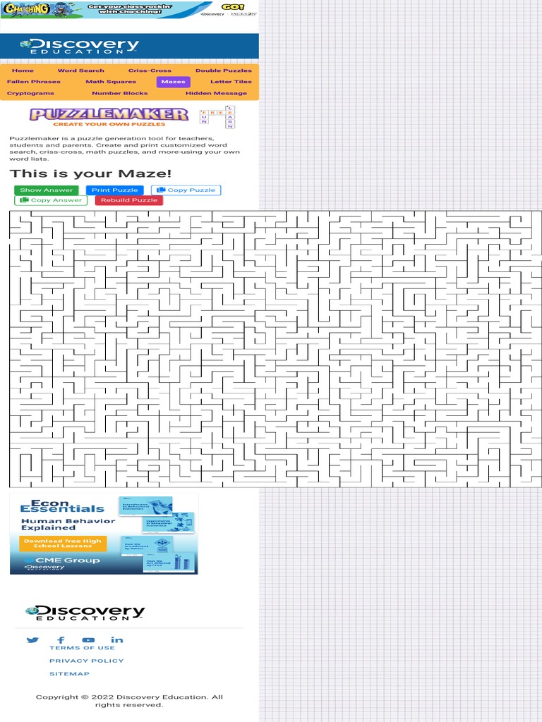 Maze Puzzle Discovery Education Puzzlemaker | PDF