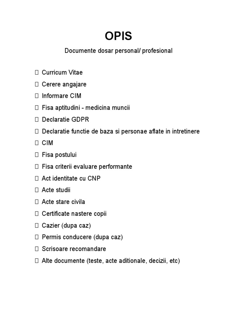OPIS Documente Dosar Personal | PDF