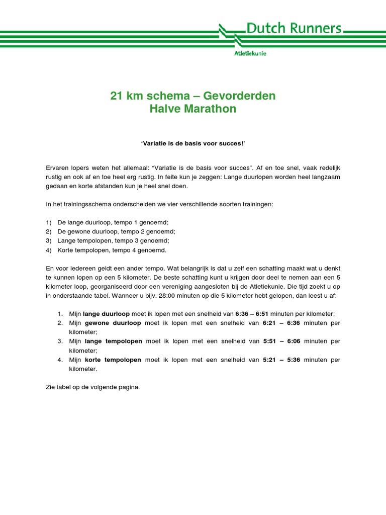 21 KM Schema - Gevorderden | PDF