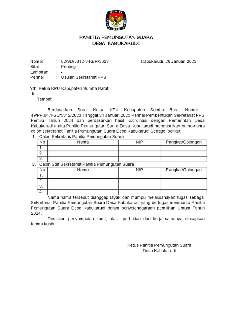 Surat Usulan Sekretariat PPS Pemilu 2024 | PDF