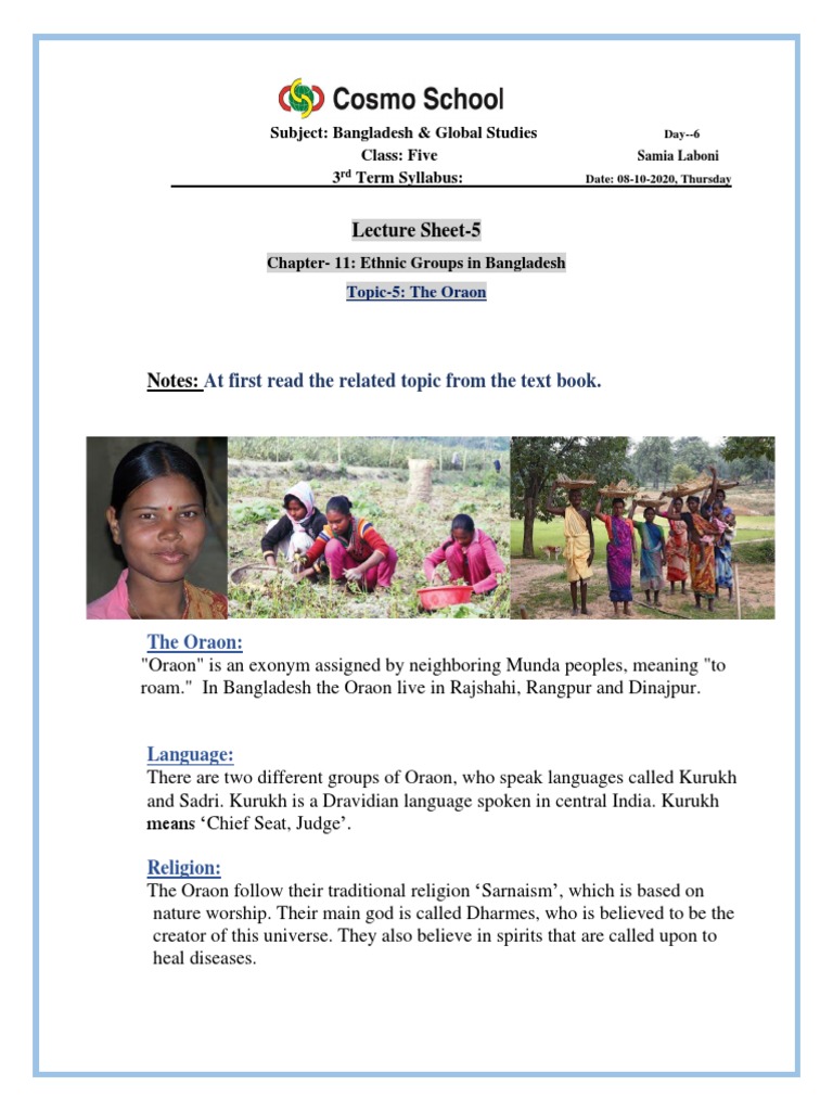 Date 08-10-20 Class 5 BGS Lecture Sheet 5, Day 6 Chapter 11 Ethnic Groups in Bangladesh Topic 5 ...