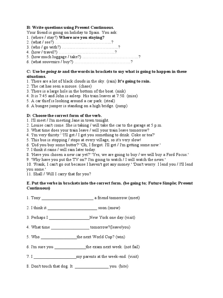 Test Be Going To, Future Simple, Present Continuous, 0 and 1 ...