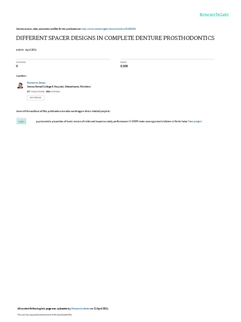 Different Spacer Designs in Complete Denture Prosthodontics: April 2021 ...