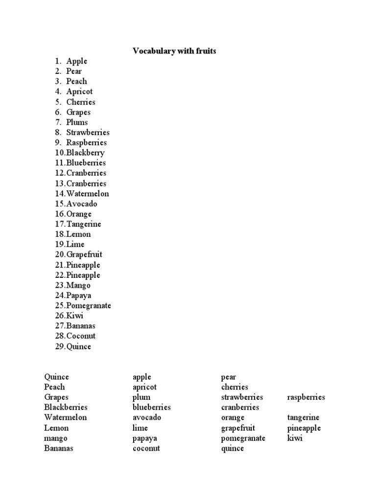 Fruit Vocabulary List for Learning | PDF