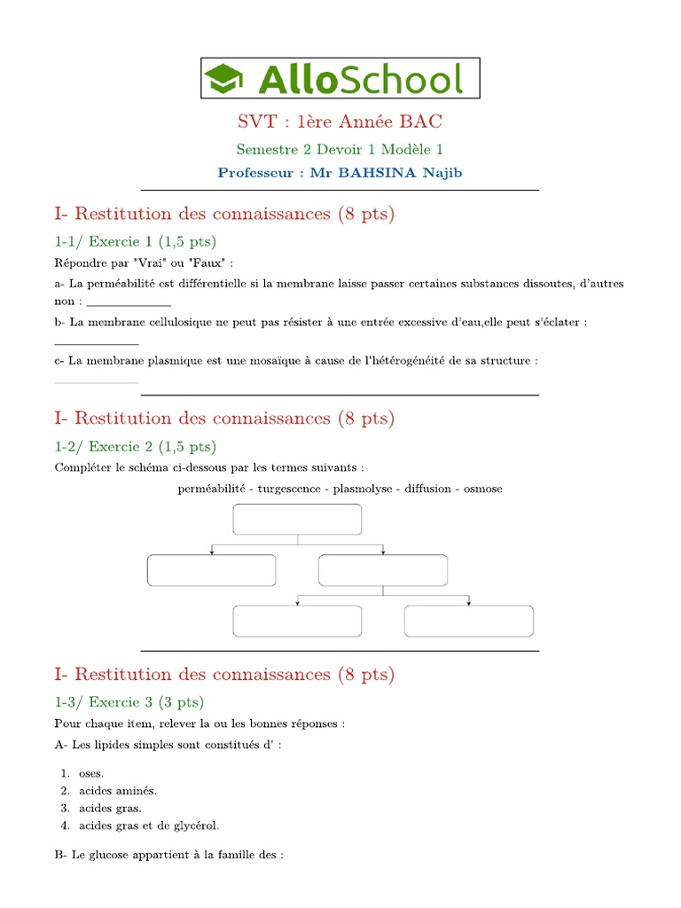 SVT 1bac Semestre 2 Devoir 1 Modele 1 1 | PDF