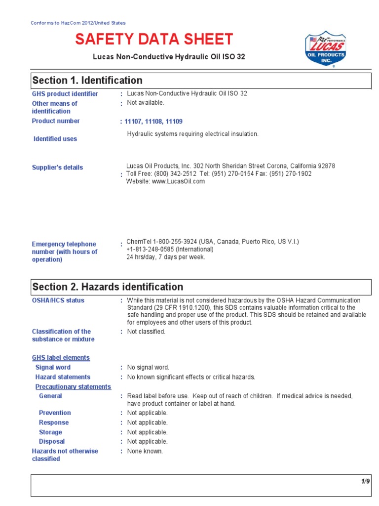SDS Lucas Non-Conductive AW Hydraulic Oil ISO 32 | PDF | Insulator (Electricity) | Electrical ...