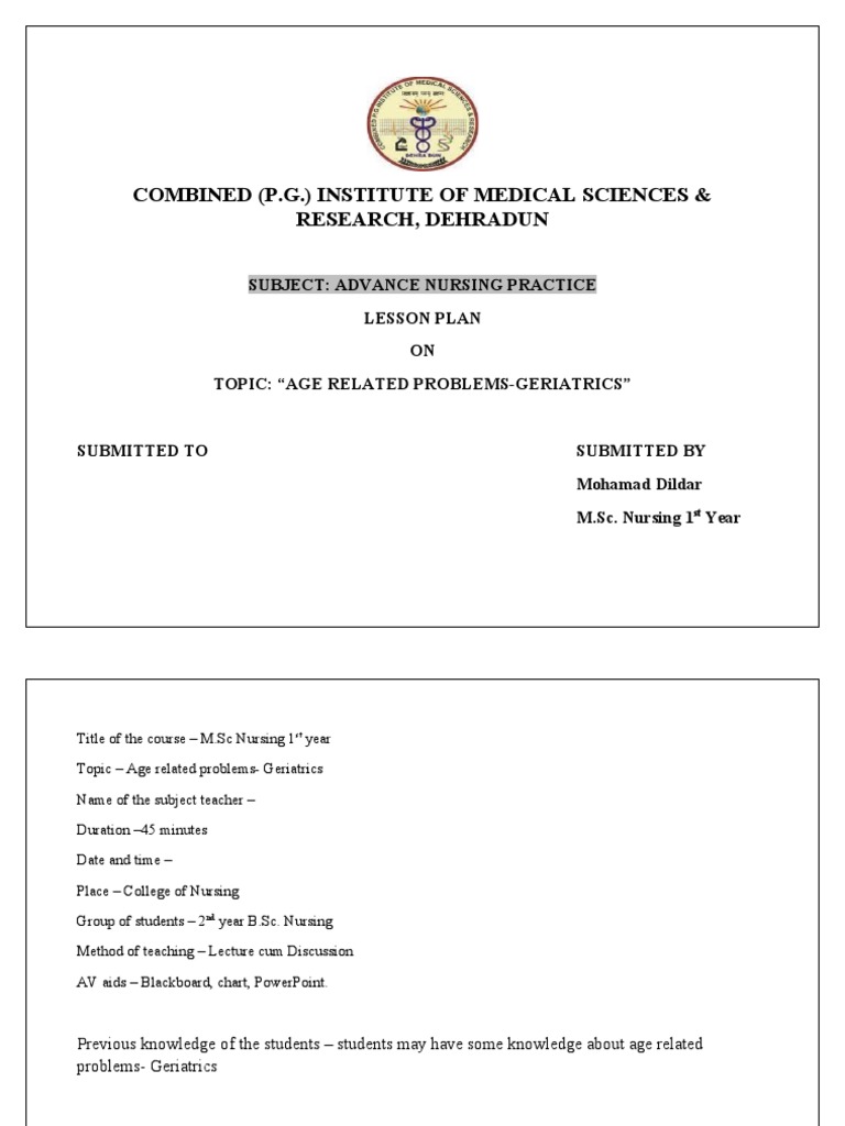 Lesson Plan On Age-Related-Geriatrics-Problem | PDF | Geriatrics | Urinary System