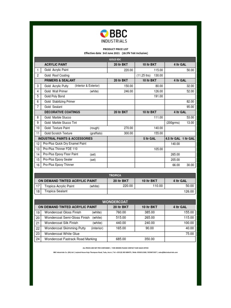 BBC Price List Showroom 03-06-21 | PDF | Paint | Crafts