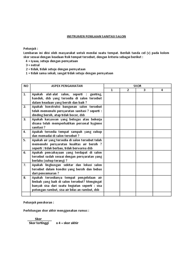 Instrumen Penilaian Sanitasi Salon | PDF