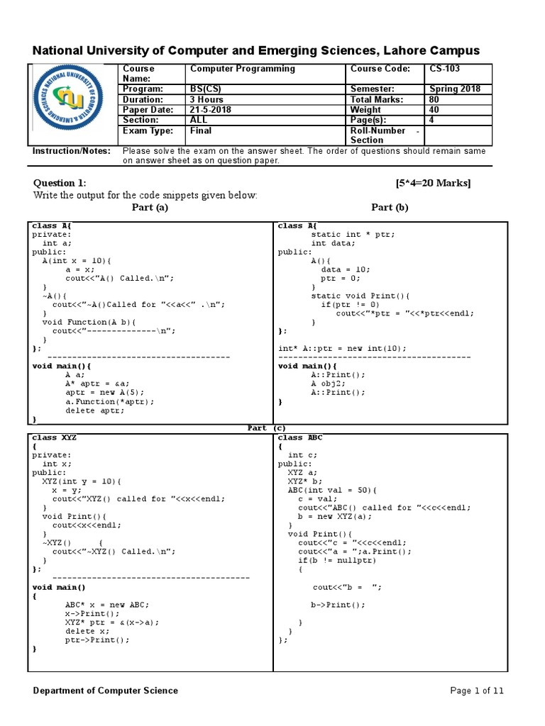 Cp Final Spring 2018 Solution Pdf Comma Pointer Computer Programming