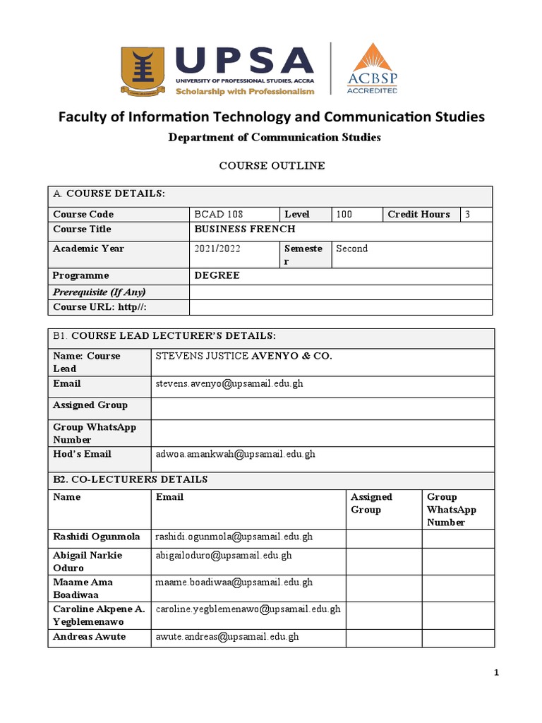 2021-2022 Business French BCAD 108-Detailed Course Outline | PDF ...