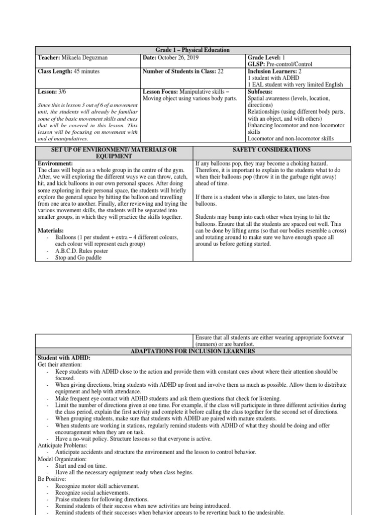 Phys. Ed. 1 Manipulative Skills Lesson Plan | PDF | Physical Education ...