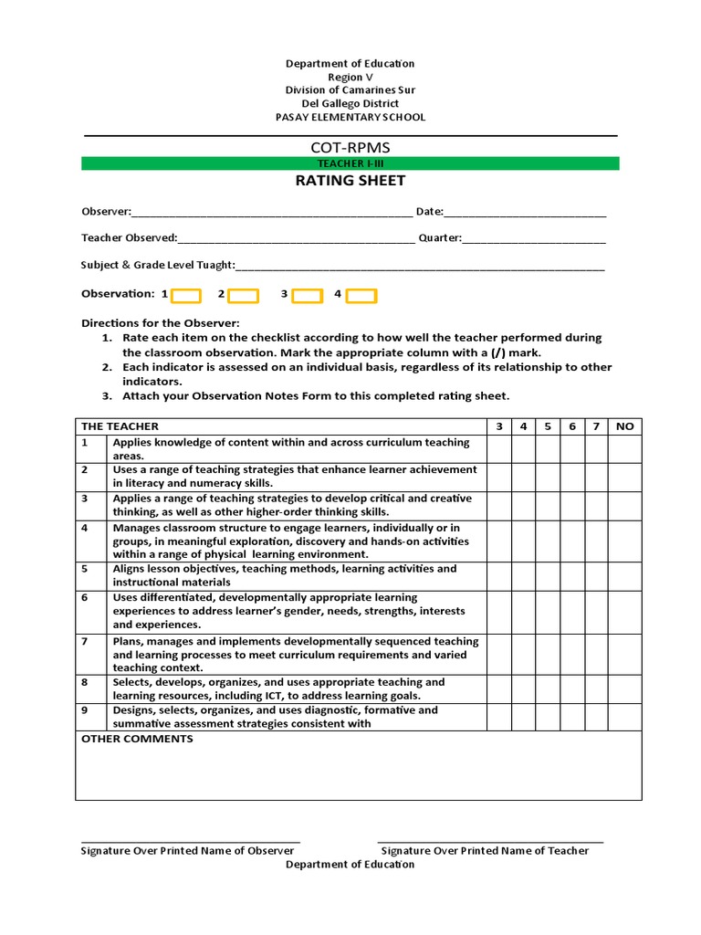 Observation Rating Sheet | Download Free PDF | Learning | Teachers