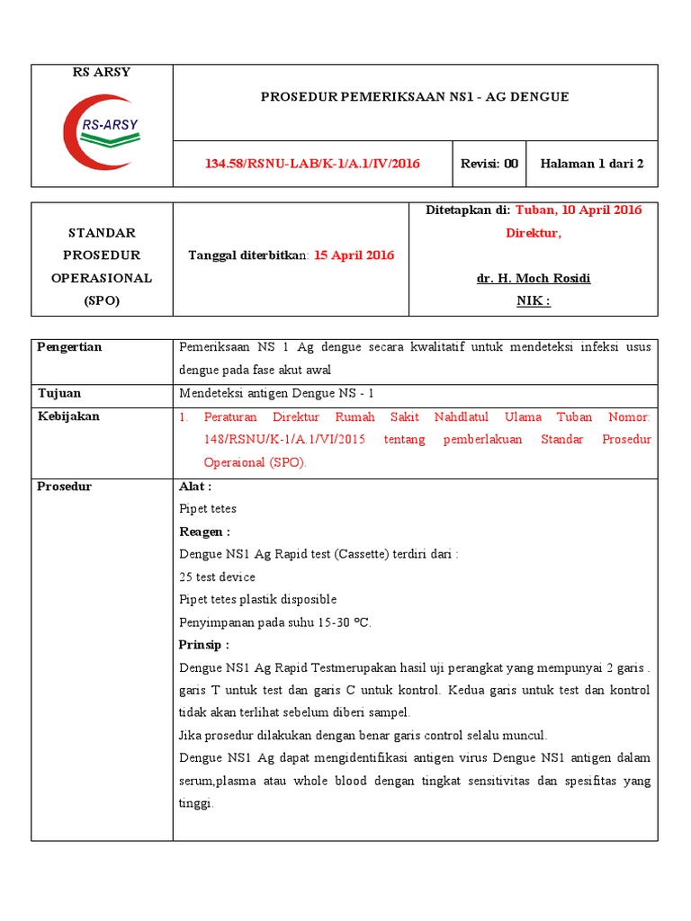 Prosedur Pemeriksaan NS1 - Ag Dengue | PDF
