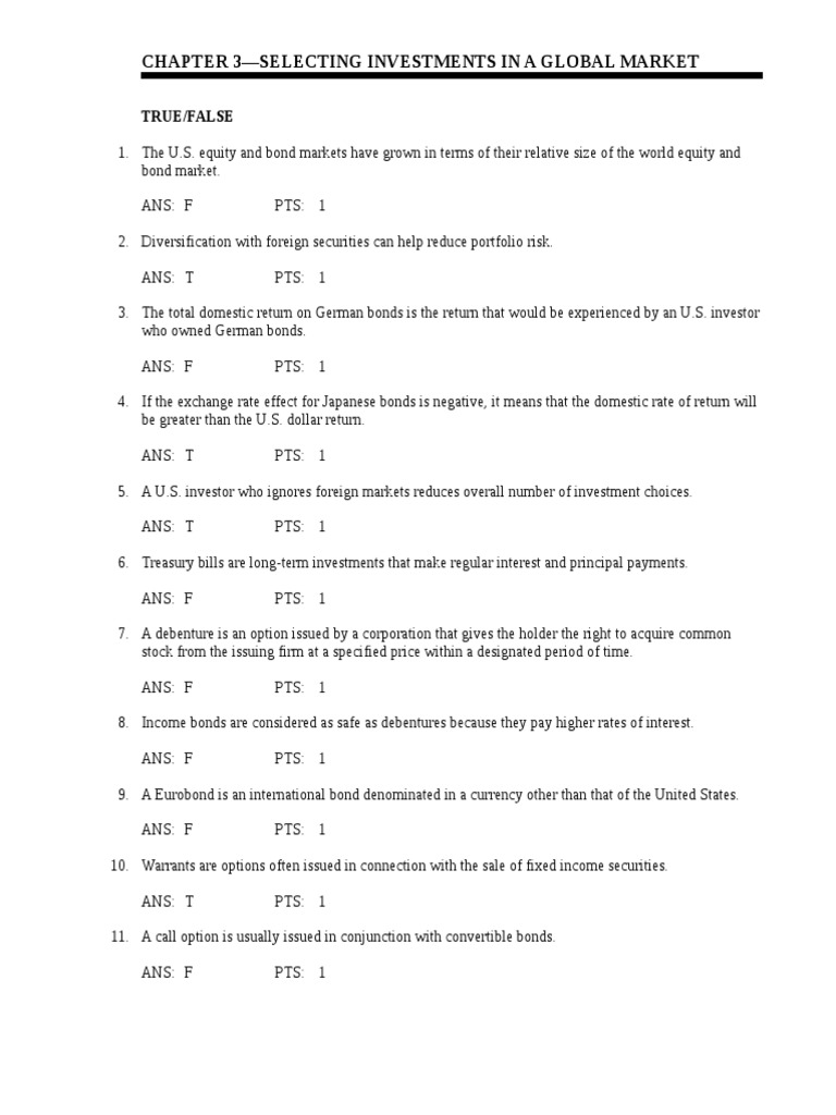 Chapter 3-Selecting Investments in A Global Market: True/False | PDF | Bonds (Finance) | Stocks