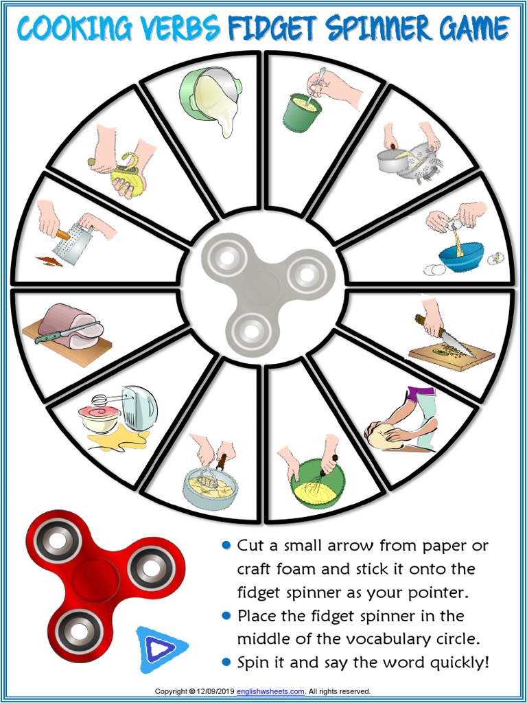 Cooking Verbs Vocabulary Esl Printable Fidget Spinner Game For Kids | PDF