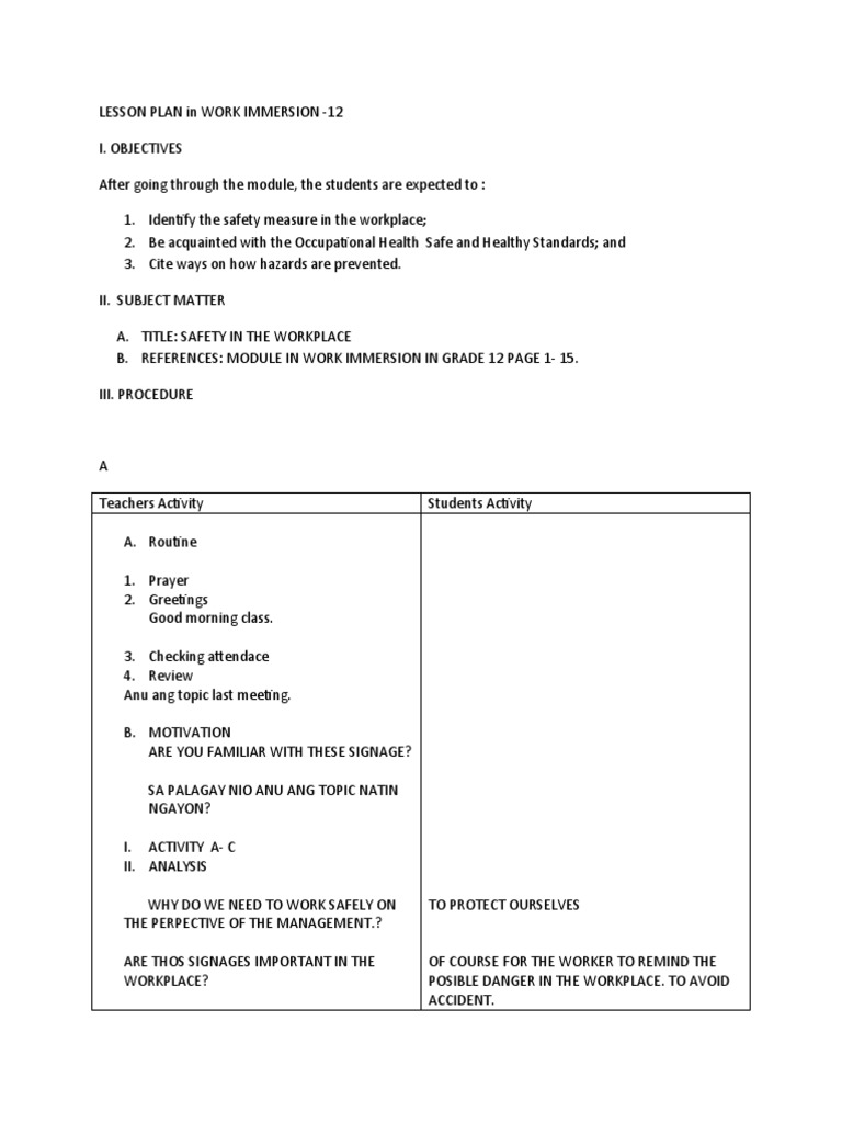 Workplace Safety Lesson Plan for Students | PDF