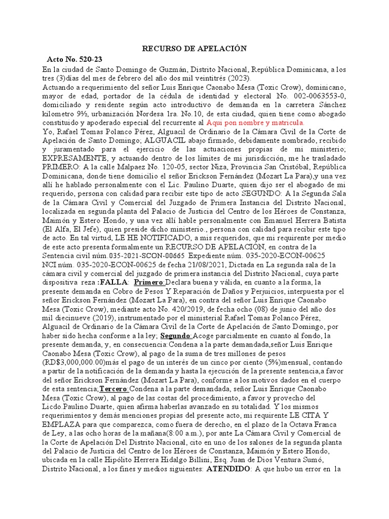 Recurso de Apelación | PDF | Sentencia (ley) | República Dominicana