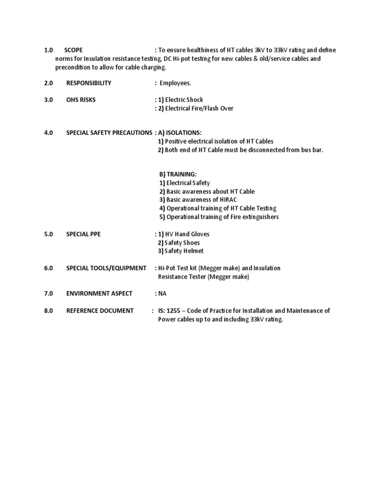 HT Cable Testing Procedures and Safety | PDF | Voltage | Electrical ...