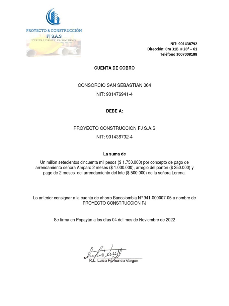 Cuenta de Cobro Proyecto Construccion FJ | PDF