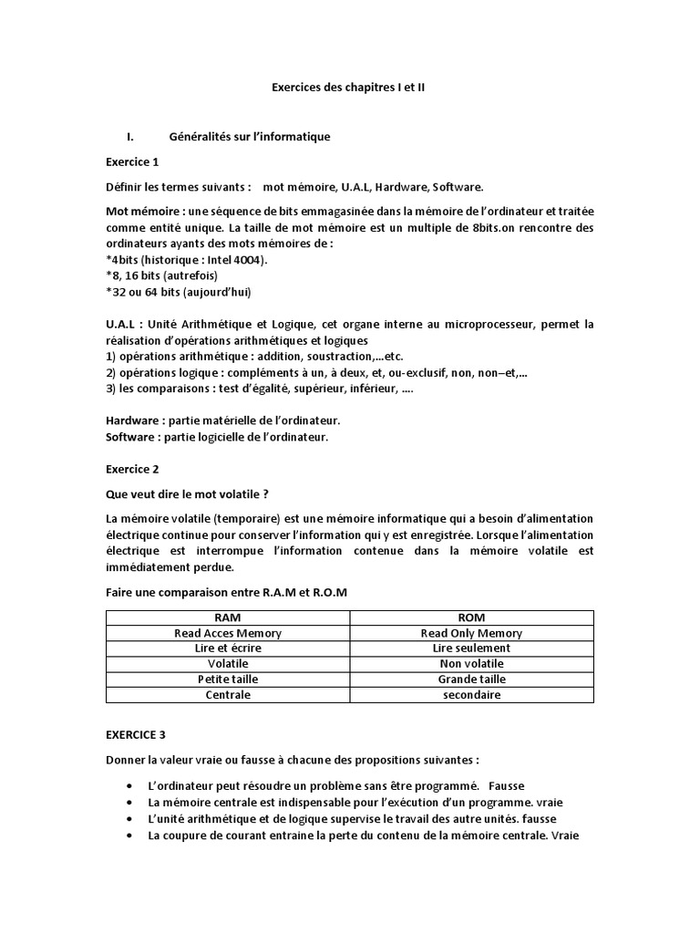 Exercices sur Hardware et Systèmes de Codage | PDF | Informatique ...