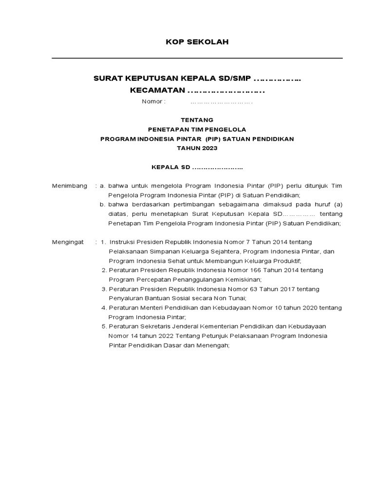 SK Pengelola Pip SD Dan SMP | PDF