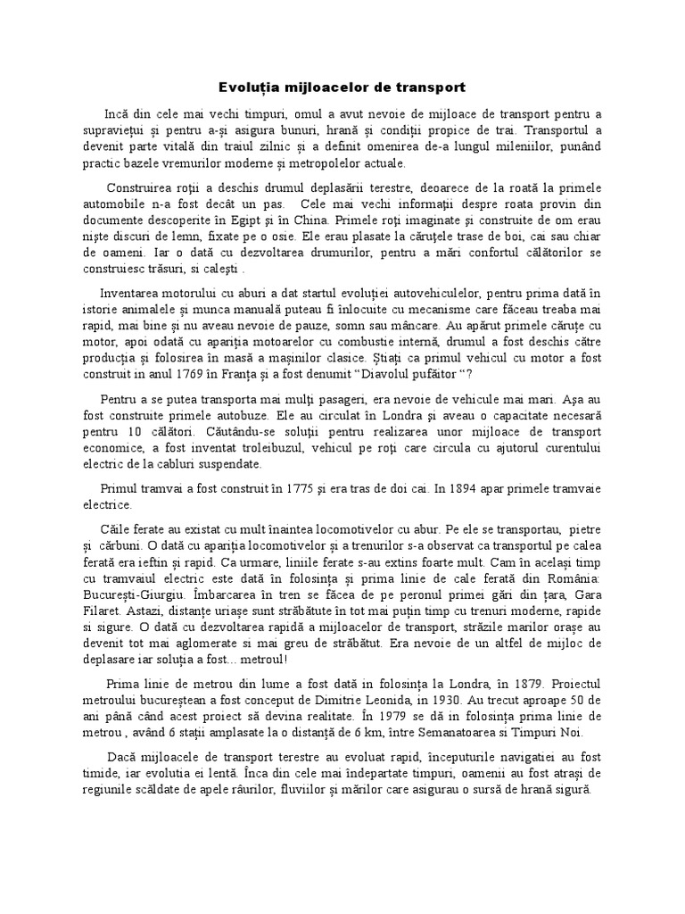 Evolutia Mijloacelor de Transport | PDF