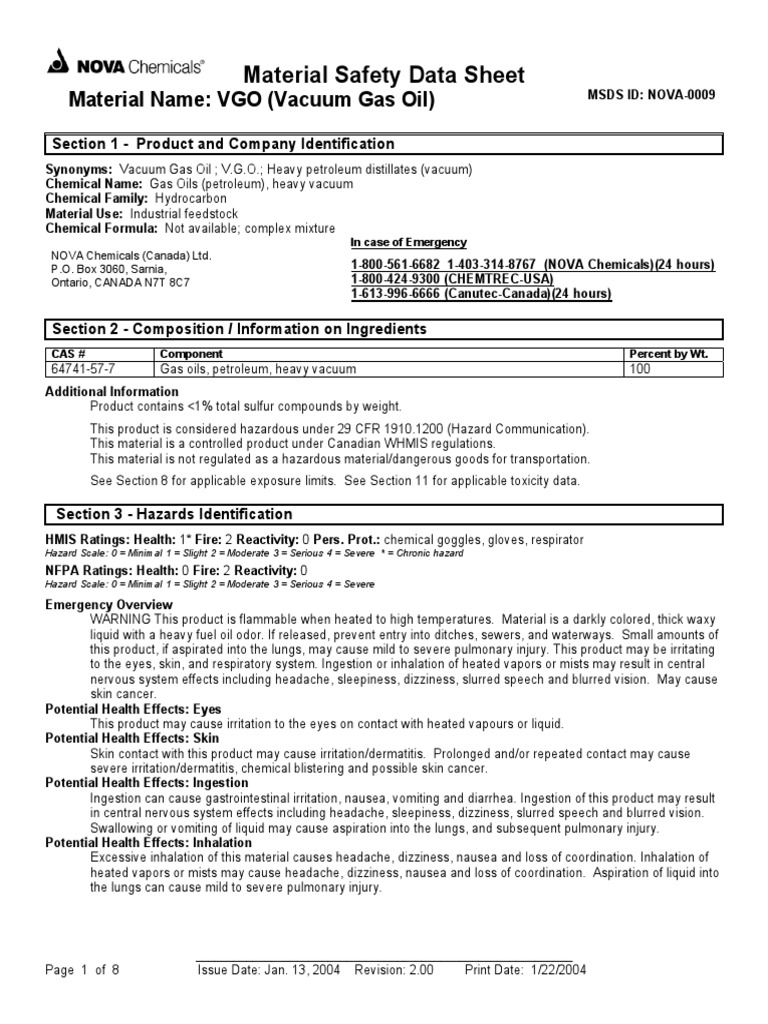 Msds VGO | PDF | Dangerous Goods | Personal Protective Equipment