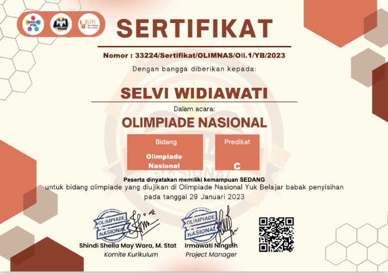 Sertifikat Olimpiade Nasional Selvi Widiawati Pada Tahun 2023 Diadakan Oleh | PDF