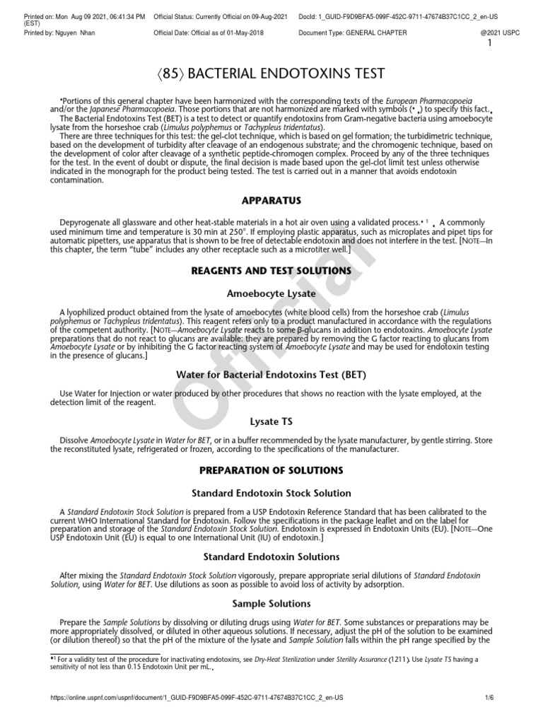 〈85〉 Bacterial Endotoxins Test | PDF | Assay | Ph