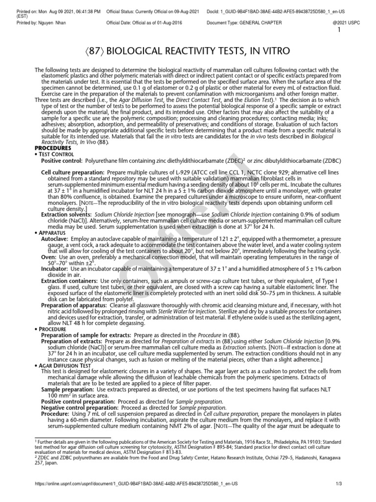 In Vitro Biological Reactivity Tests | PDF | Cell Culture | Sodium Chloride