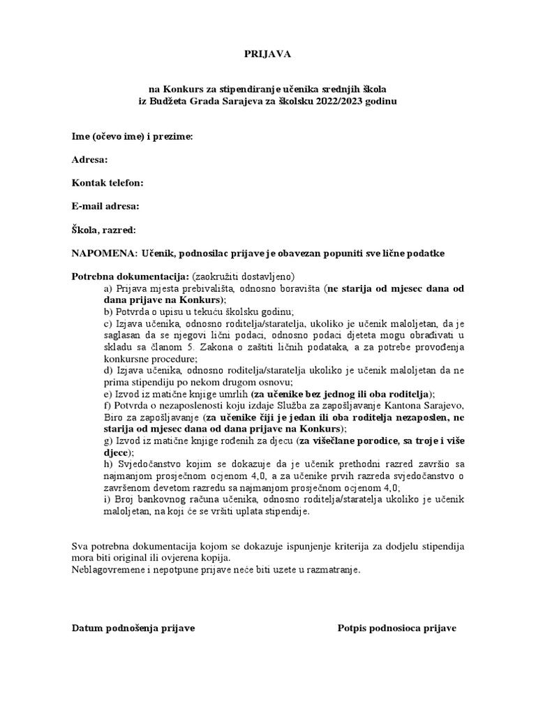 Prijava Na Konkurs Stipendije 2023 | PDF