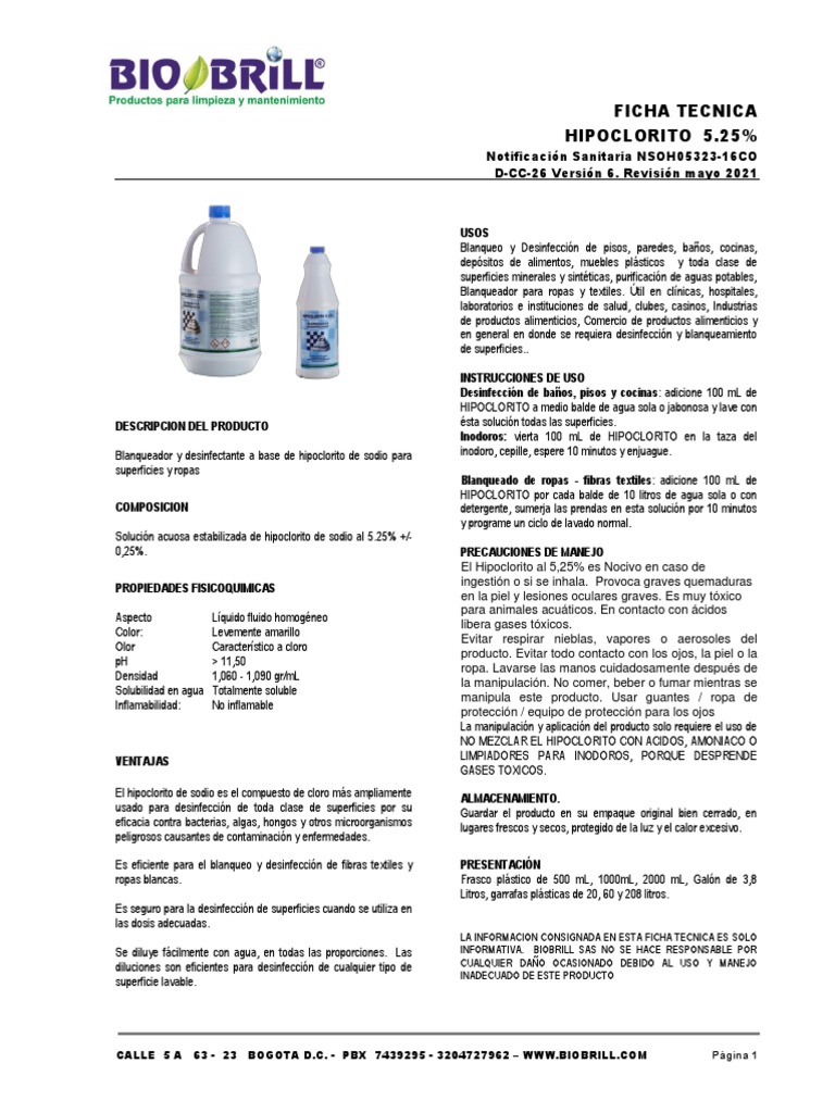 Ficha Tecnica Hipoclorito Al 5.25% | PDF | Blanqueador | Agua