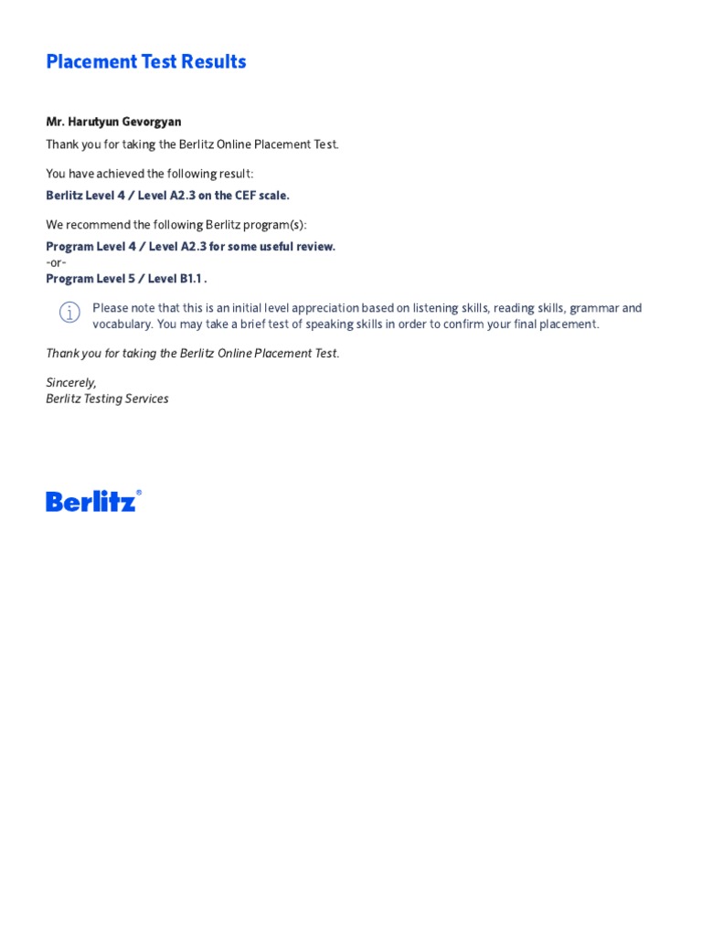 Berlitz Online Placement Test Results | PDF