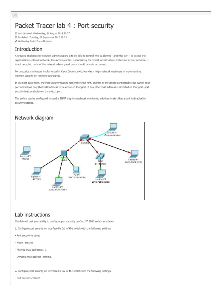 Packet Tracer Lab 4 - Port Security | PDF