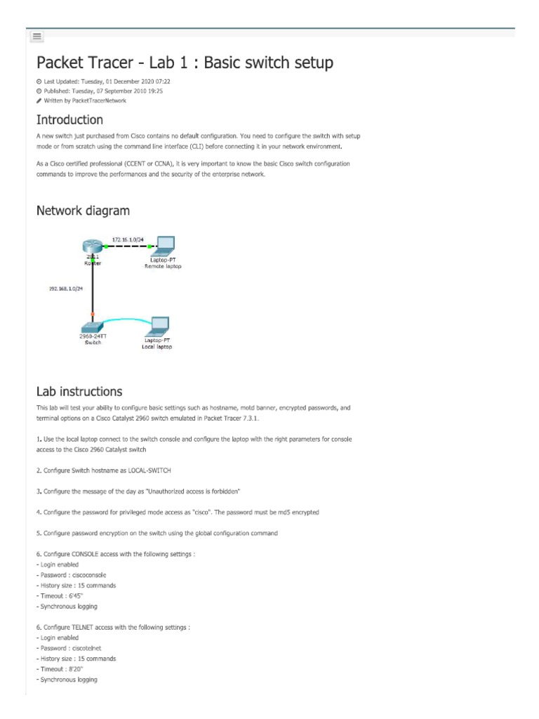 Packet Tracer Lab 1 - Basic Switch Setup | PDF