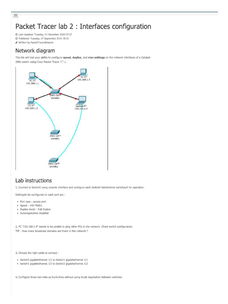 Packet Tracer Lab 2 - Interfaces Configuration | PDF