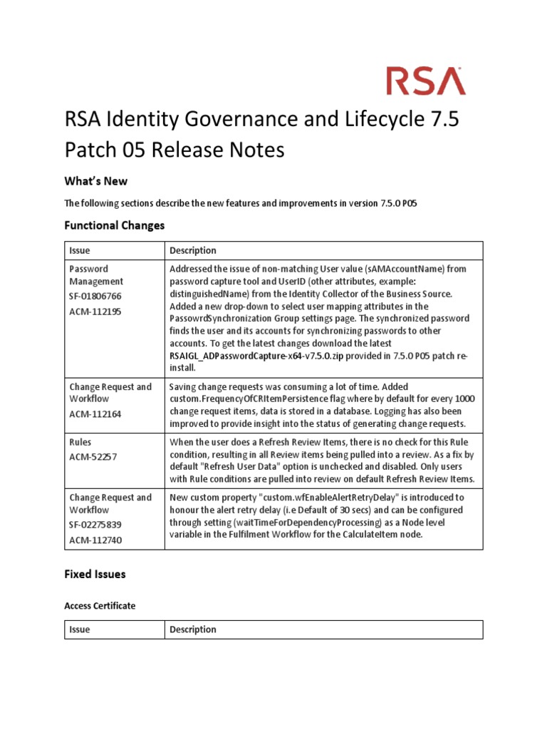 RSA Identity Governance & Lifecycle 7.5 Patch 5 Release Notes | PDF ... RSA Identity Governance & Lifecycle 7.5 Patch 5 Release Notes | PDF ...