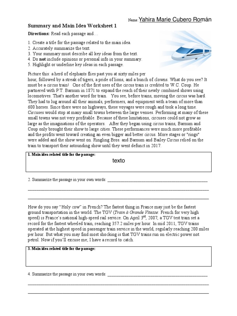 Summary and Main Idea Worksheet 1 | PDF | Circus | Train