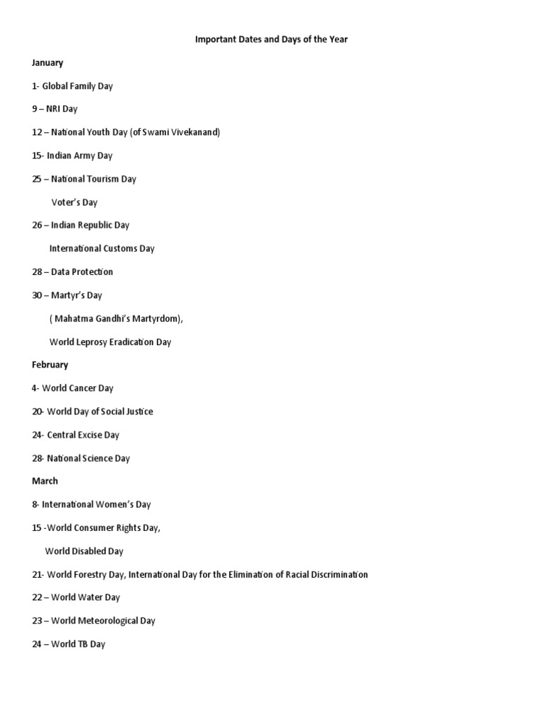 Important Dates and Days of The Year | PDF