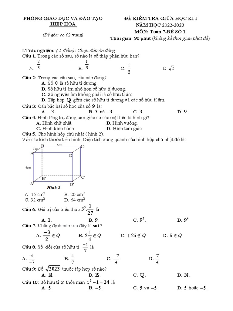 De Giua Ky 1 Toan 7 Nam 2022 2023 Phong GDDT Hiep Hoa Bac Giang | PDF