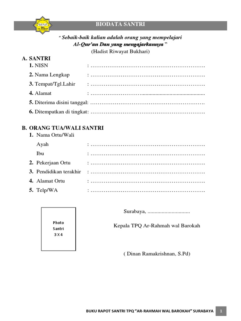 Contoh Isi Rapot TPQ/TKQ/TQA/RTQ/Paud Qu/LPQ | PDF | Kajian Bahasa ...