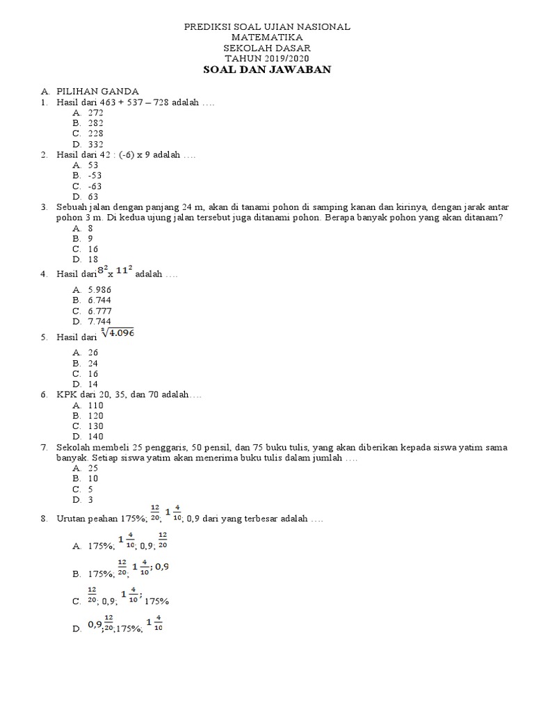 Soal Un MTK SD 2019 | PDF