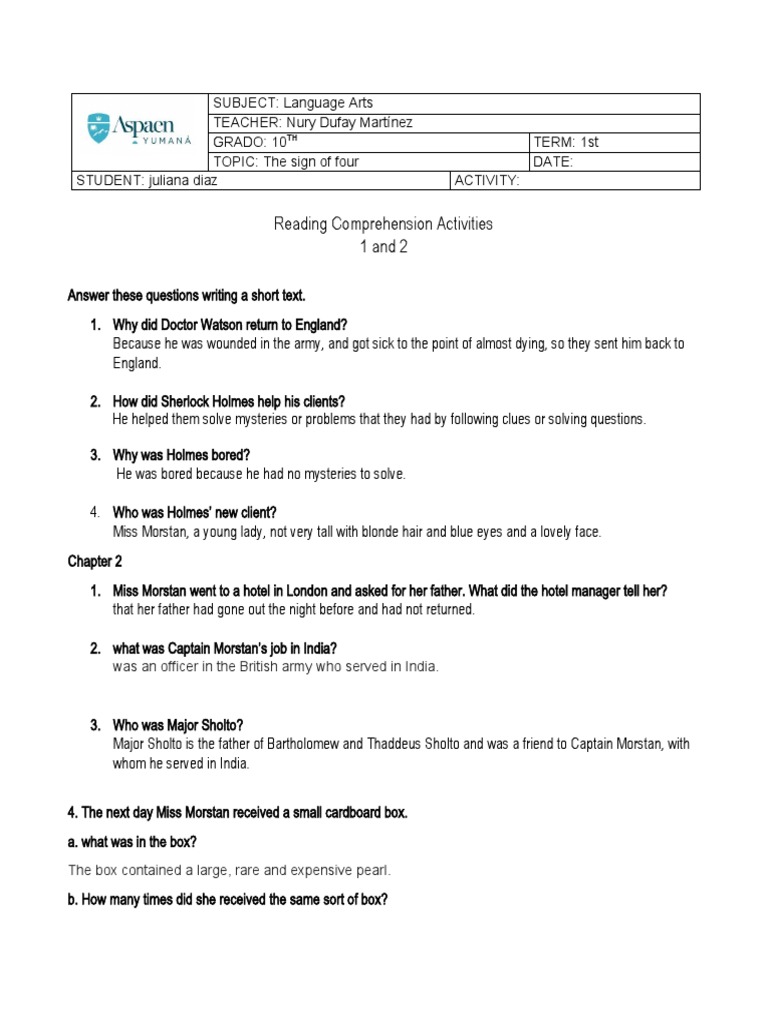 The Sign of Four: Reading Comprehension Activities on Doctor Watson ...