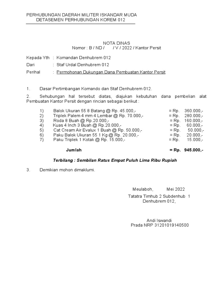 Nota Dinas Kantor Persit | PDF