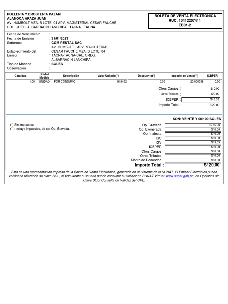 Boleta de Venta Electrónica - Pollería Pazari | PDF