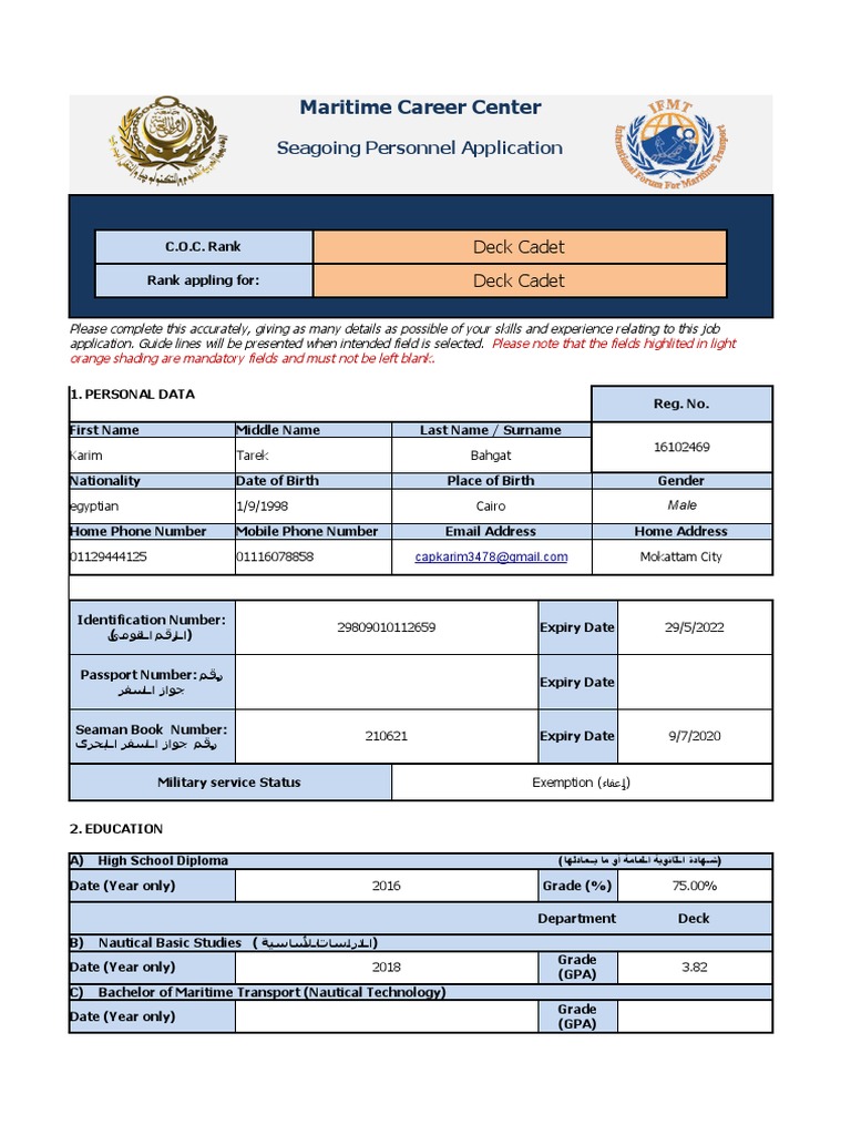 Seagoing Personnel Application | PDF | Ships | Shipping