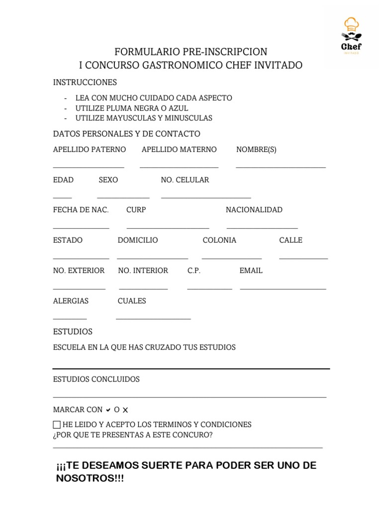 Formulario de Pre-inscripción Concurso Gastronómico | PDF